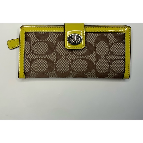 Coach | Bags | Coach Park Signature Turnlock Wallet Khaki With Yellow ...